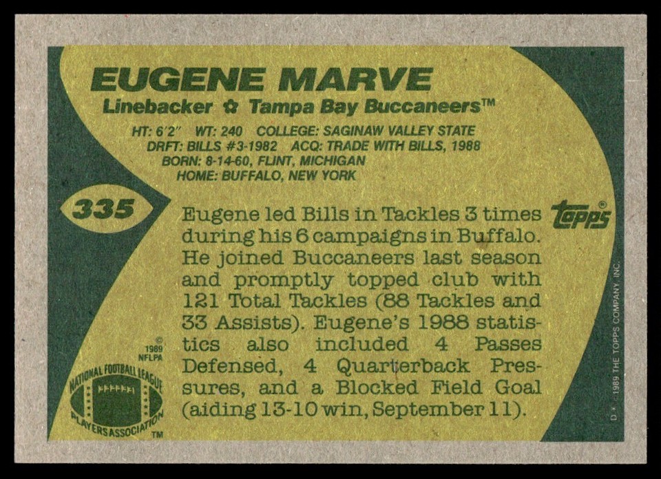 1989 Topps Eugene Marve Tampa Bay Buccaneers #335 | eBay