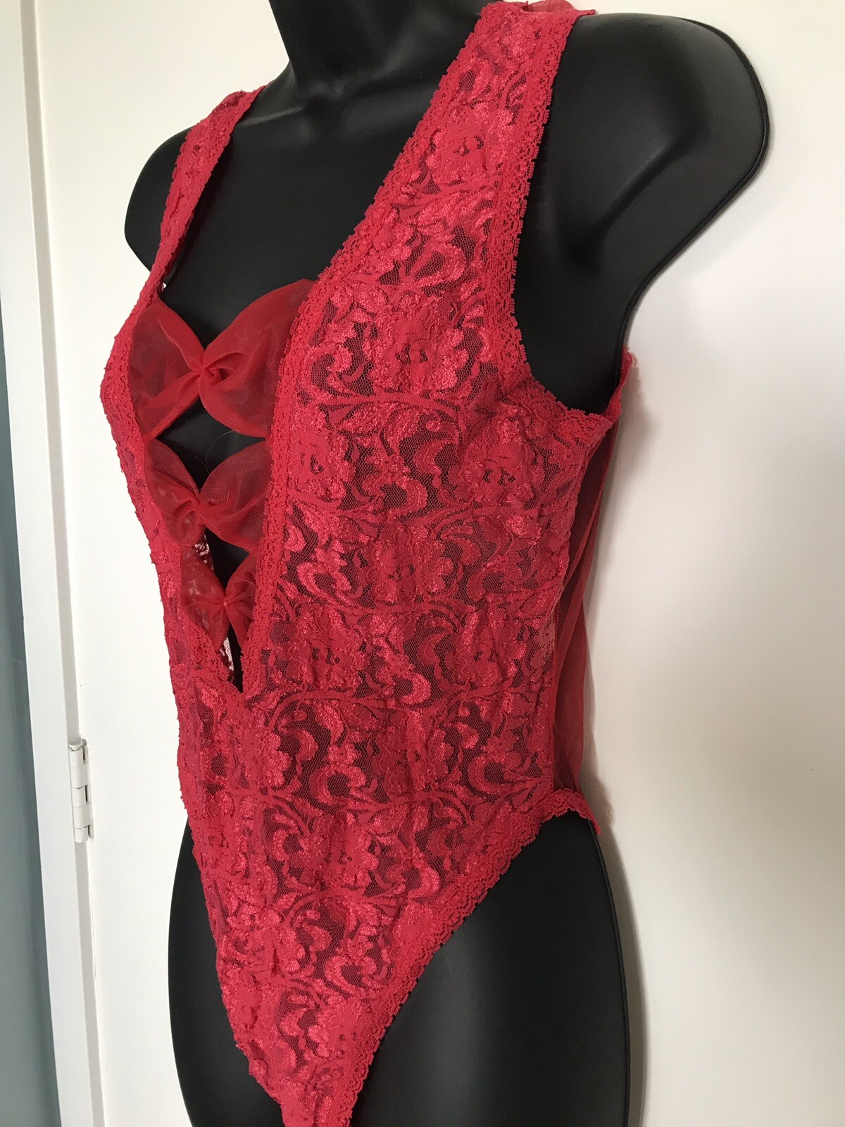 Nylon Satin Teddy Frilly Sheer Lace Red Hi Cut Leg Vi… - Gem