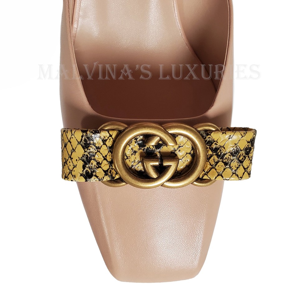 GUCCI SHOES INTERLOCKING G LOGO PYTHON BOW PINK LEATHER MULES $890 38.5 ...