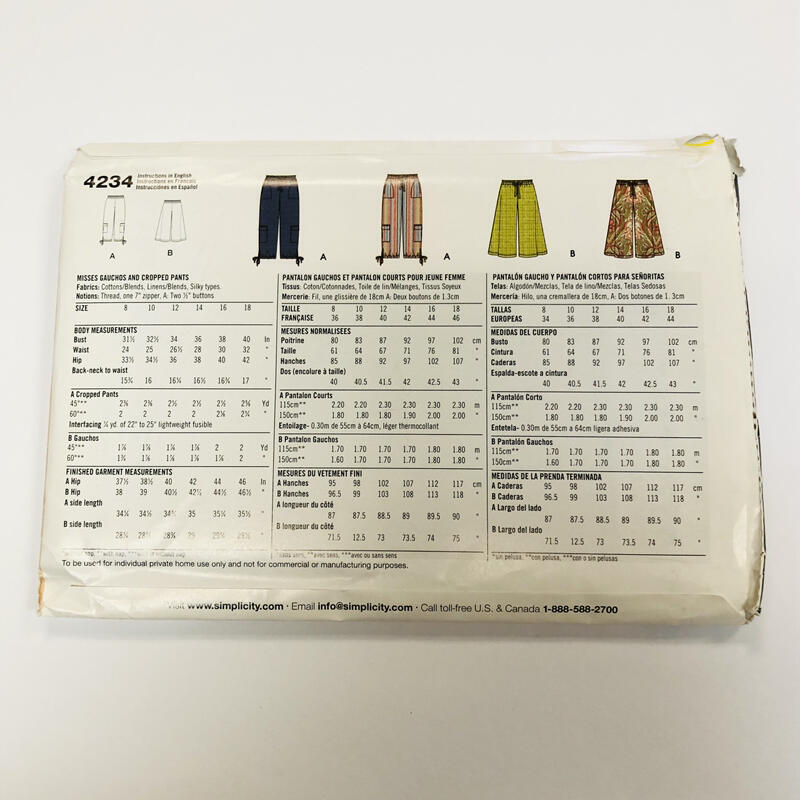 Simplicity Sewing Pattern 4234 Misses Gauchos & Cropped Pants Sz 8-18 ...