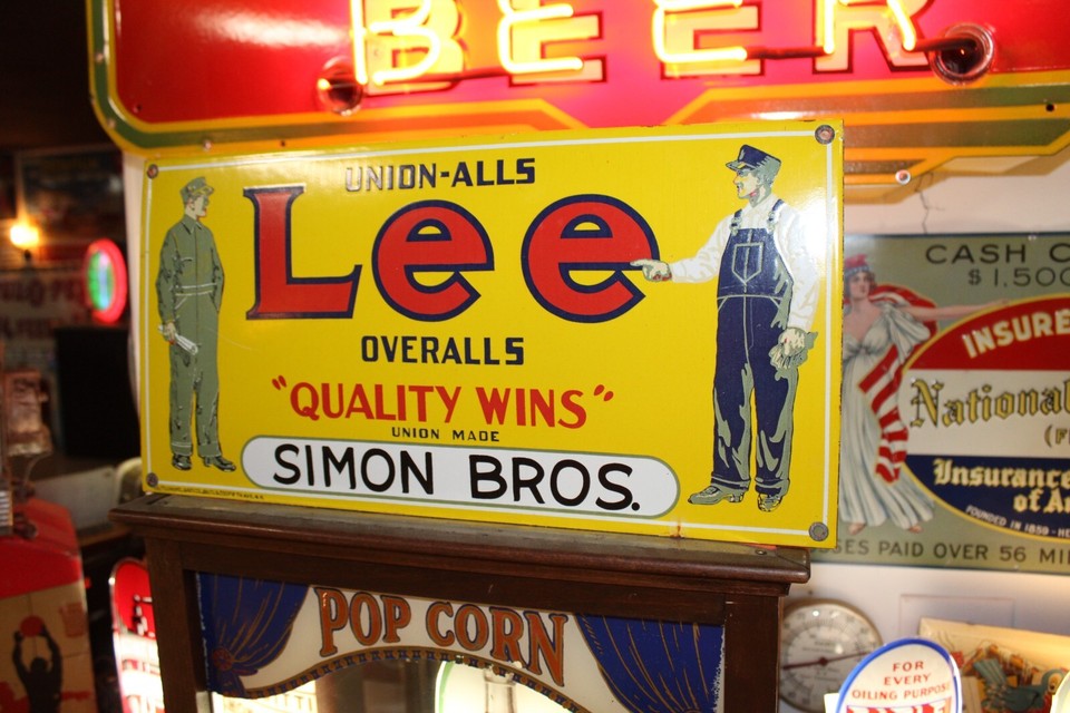 RARE LEE OVERALL UNION QUALITY WINS DEALER PORCELAIN METAL SIGN WORK ...