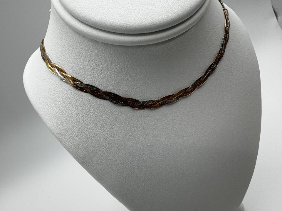 10KT Italy Tri-Color Braided Necklace 18” 3.28mm 3.93g Yellow, White ...