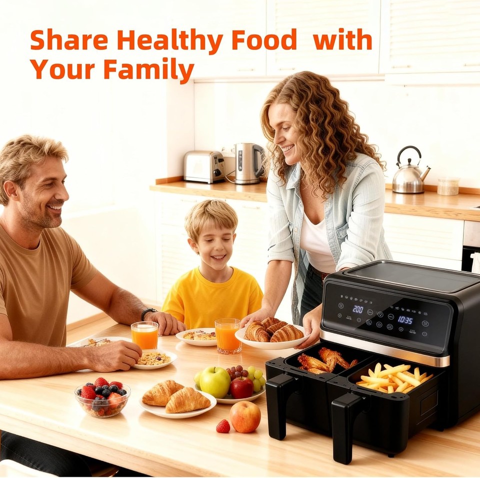 Dual Drawer Zone Air Fryer Family Size Efficient 2200W Digital Oil Free ...