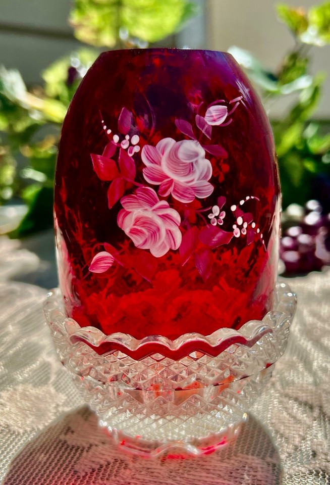 HTF Fenton***”ROSES ON RUBY" DIAMOND OPTIC FAIRY LIGHT W/HP ROSES ...