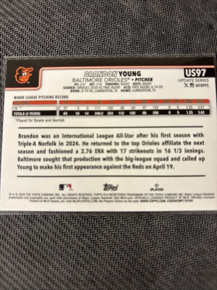 2025 Topps Update Series Baseball US97 Brandon Young, Baltimore Orioles ...