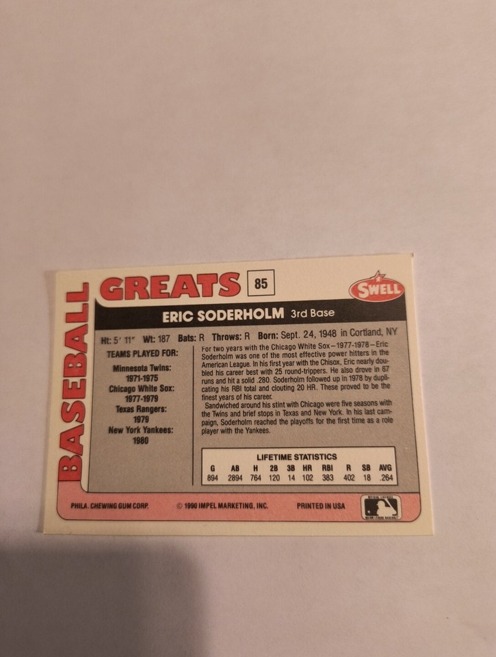 ERIC SODERHOLM 1990 SWELL BASEBALL GREATS #85 FREE SHIPPING | eBay