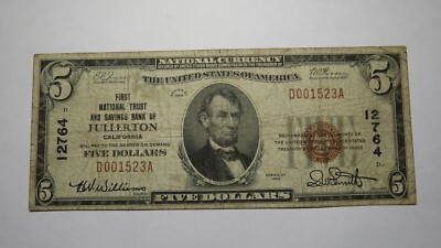 $5 1929 Fullerton California CA National Currency Bank Note Bill Ch ...