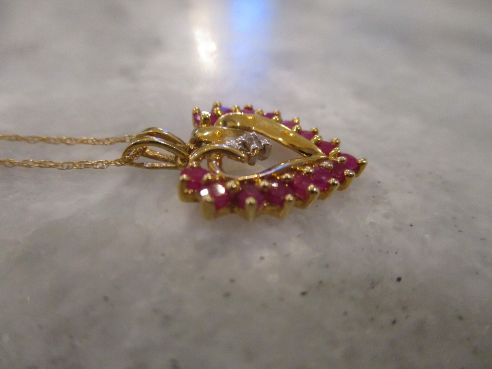 10K ADL YELLOW GOLD RUBY&DIAMOND HEART PENDANT w/18" CABLE CHAIN ...