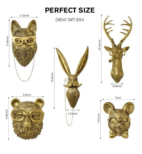 5 PCS Animals Head Wall Art Sculptures 17 Inchs Gold Office Vintage 3D ...