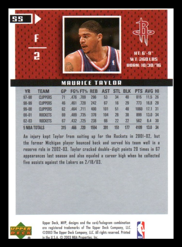 2003-04 Upper Deck MVP #55 Maurice Taylor NBA Basketball Houston ...