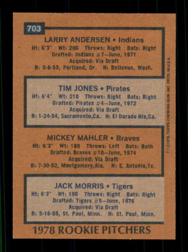 1978 Topps #703 Larry Andersen/Tim Jones/Mickey Mahler/Jack Morris EXMT ...
