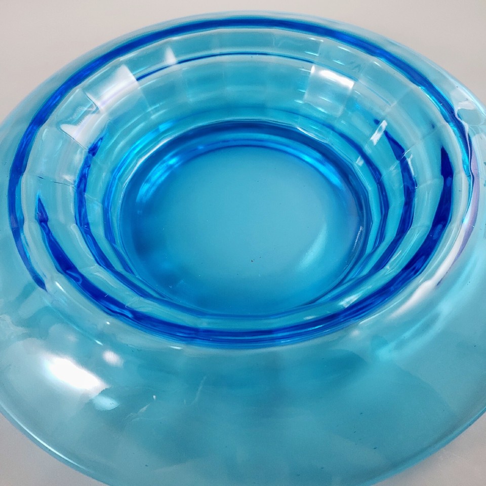 Vintage Art Deco Optic Block Rolled Edge Blue Glass Console Bowl Dish ...