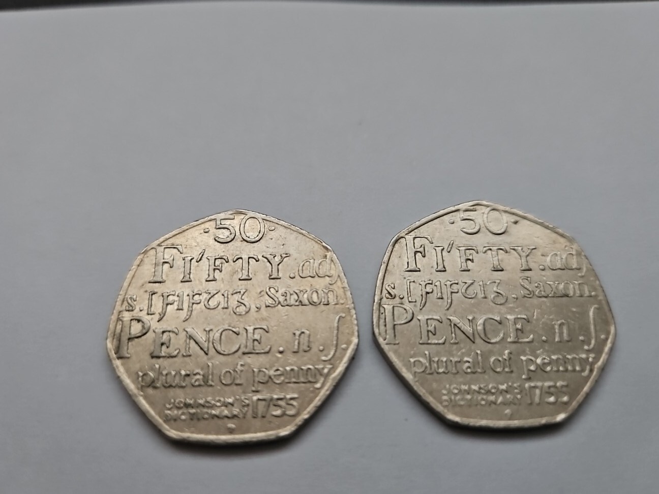 2xVERY RARE 50p Fifty Pence Coin Johnson's Dictionary 1755 Saxon Plural ...