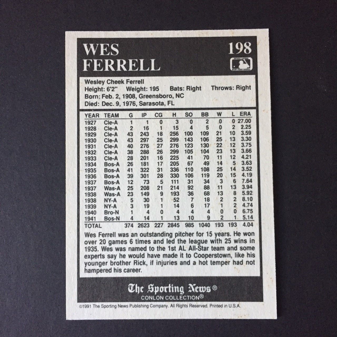 1991 The Sporting News Conlon Collection - #198 Wes Ferrell for sale ...