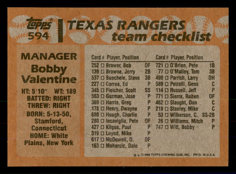 1988 Topps Bobby Valentine #594 MGR, CL Texas Rangers | eBay