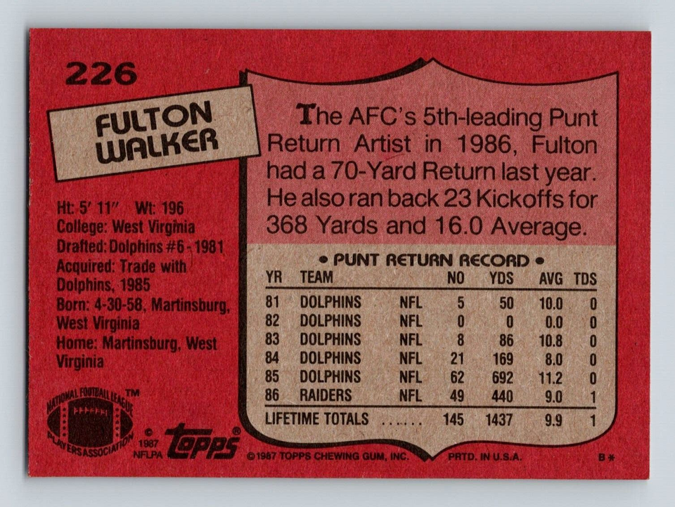 1987 Topps #226 Fulton Walker Los Angeles Raiders | eBay