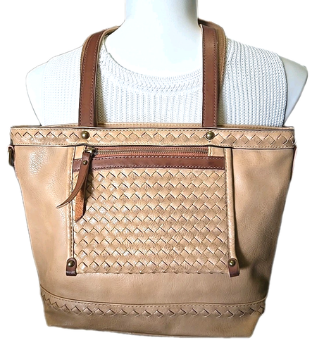 Mona B Shoulder Bag Vegan Leather Purse Tan Basketweave Zip Pockets 10 ...