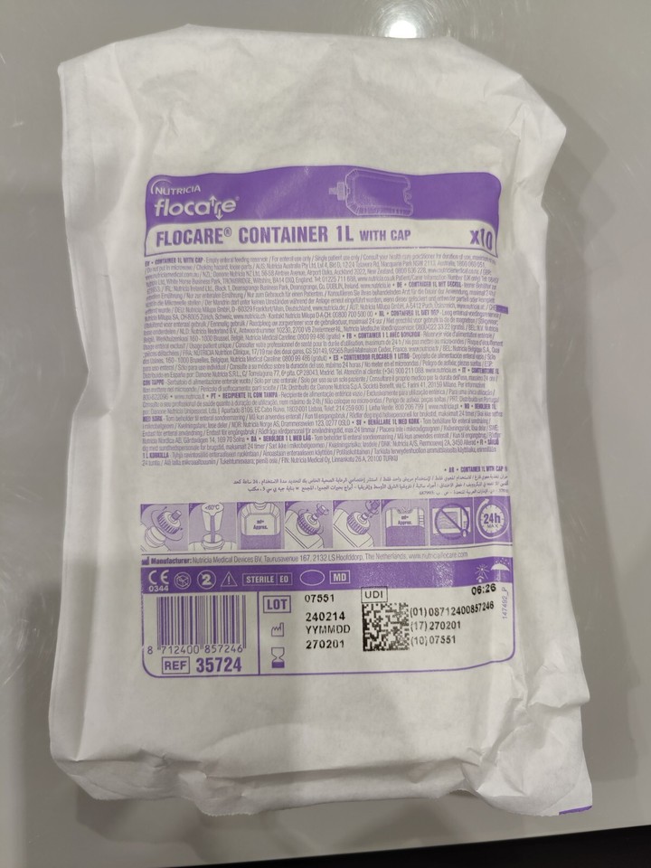 2x Nutricia Flocare Container 1000ml 1L With Cap - Sterile Empty Latex ...