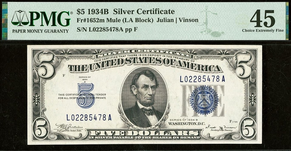 1934B $5 Silver Certificate PMG 45 Rare PMG Graded Only 79 Mule Fr ...