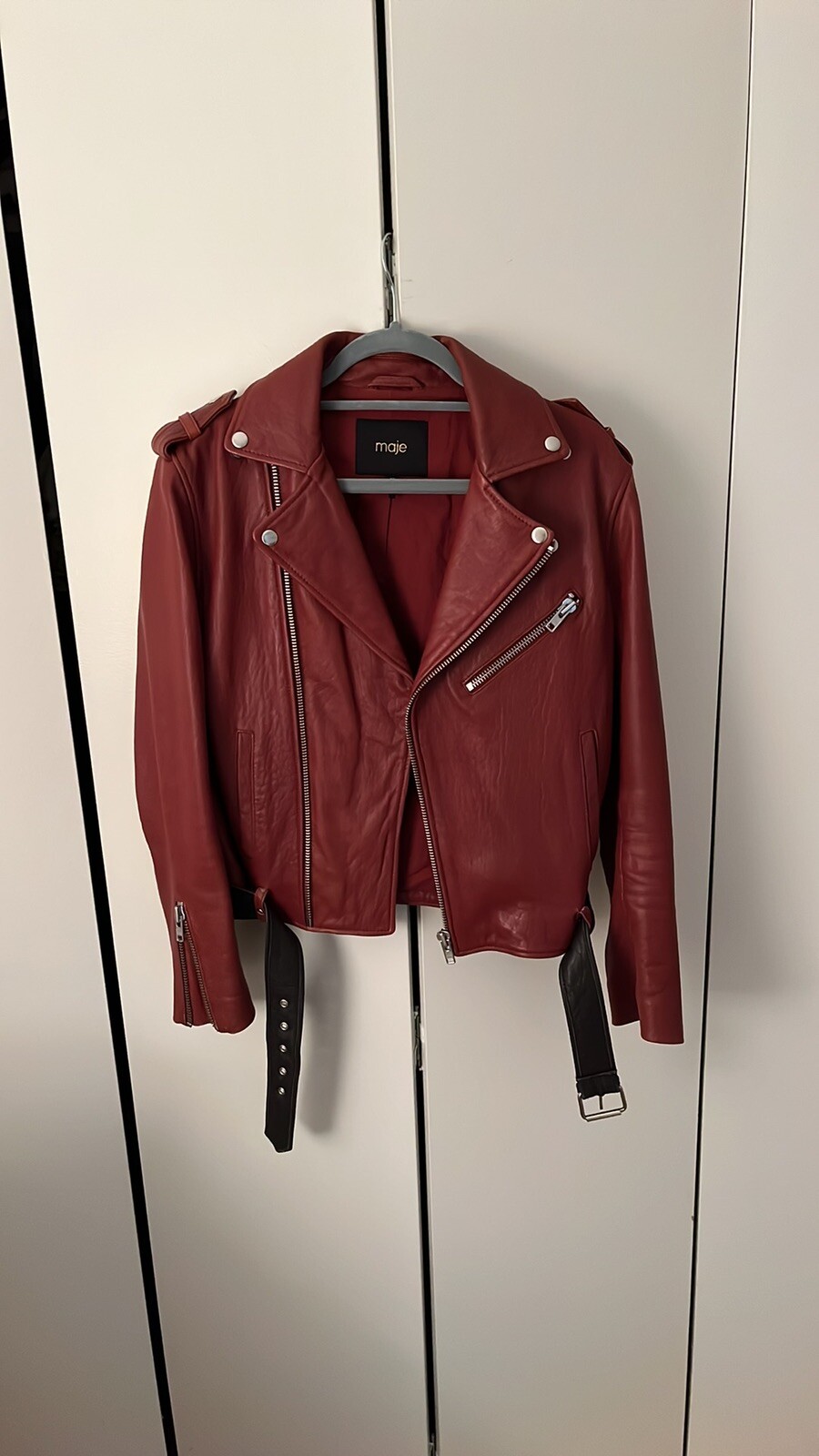 MAJE leather Jacket. Red With Dark Brown Belt. Size F… - Gem
