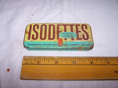 Vintage ISODETTES ANTIBIOTIC THROAT LOZENGES Tin w Sliding Lid Patent ...