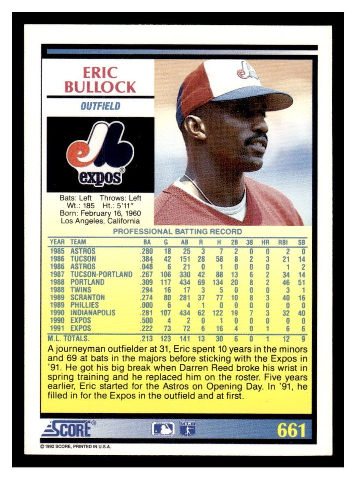 1992 Score #661 Eric Bullock - Montreal Expos | eBay