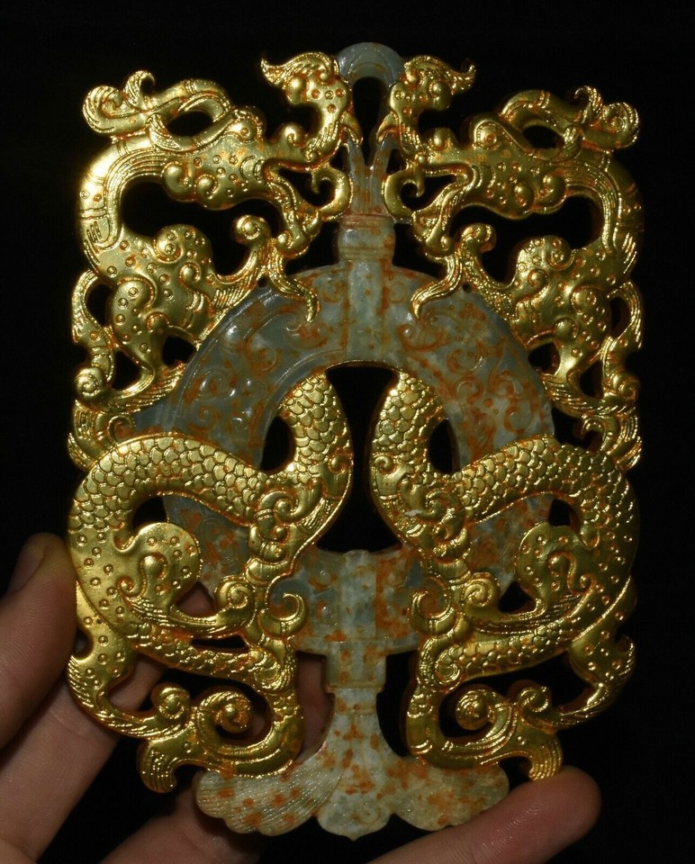 13.5CM Old Han Dy Nantural Hetian Jade 24K Gold Carve Dragon Beast Yu ...