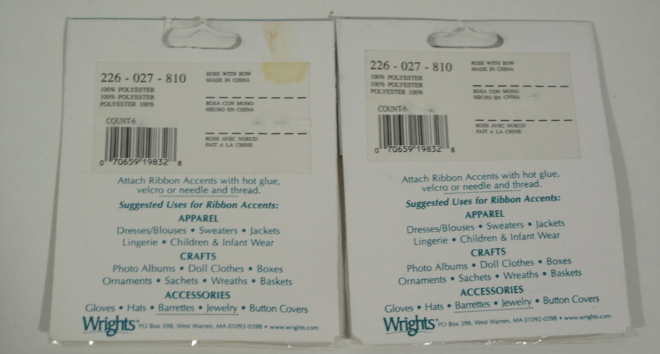 NOS VTG 10 Pkg Wrights Ribbon Accents~Roses & Bows~Sewing~Crafts~Ivory ...