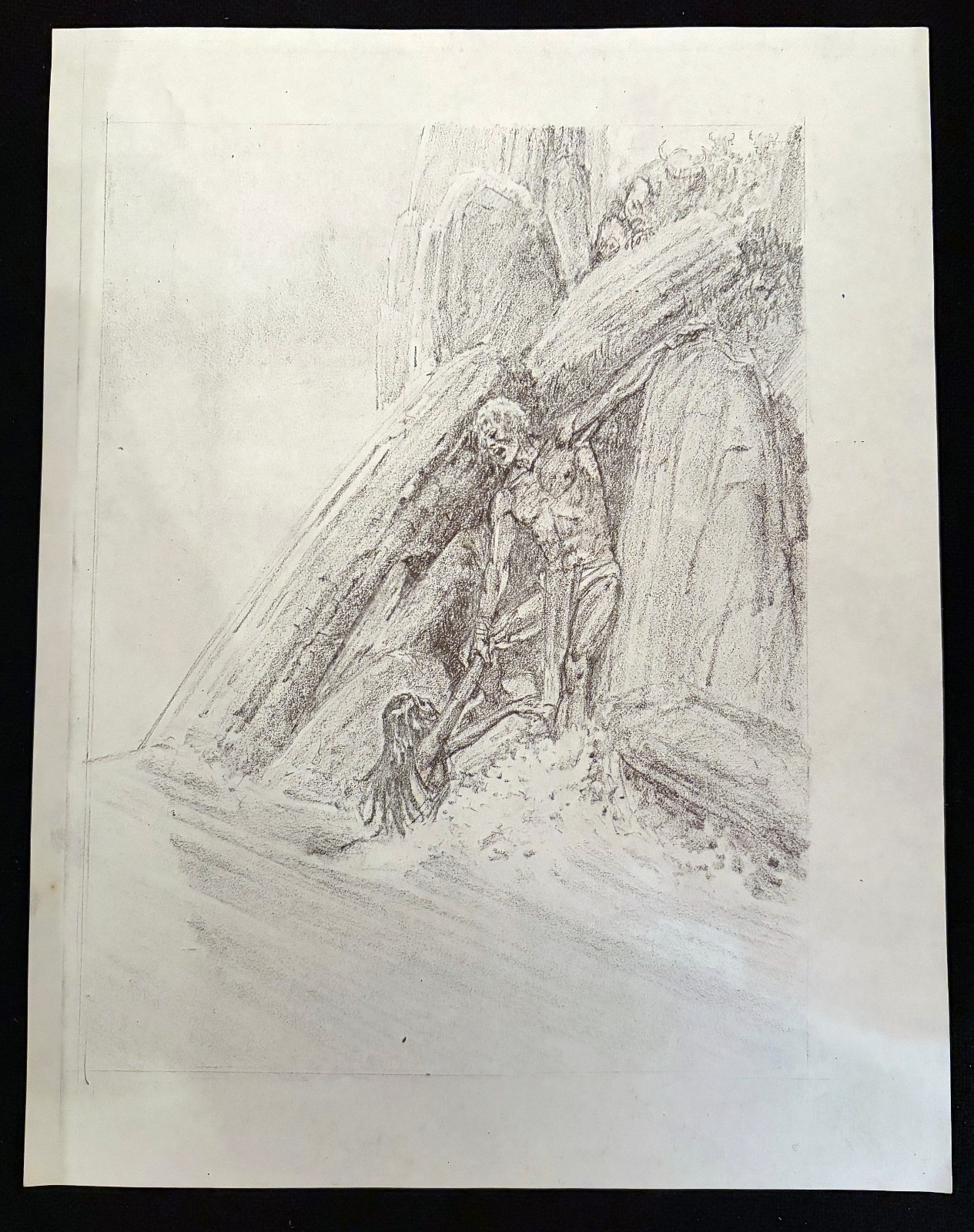 JOHNNY CRAIG ESTATE: 8.5x11” pencil drawing of man on rocks rescuing ...