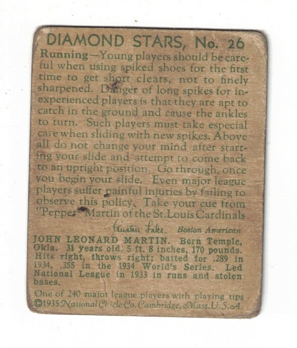 1935 Diamond Stars PEPPER MARTIN Baseball card #26 ST. LOUIS CARDINALS ...