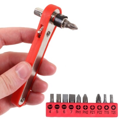 11Pc OFFSET SCREWDRIVER BITS Reversible Ratchet Drive Holder Set Flat ...
