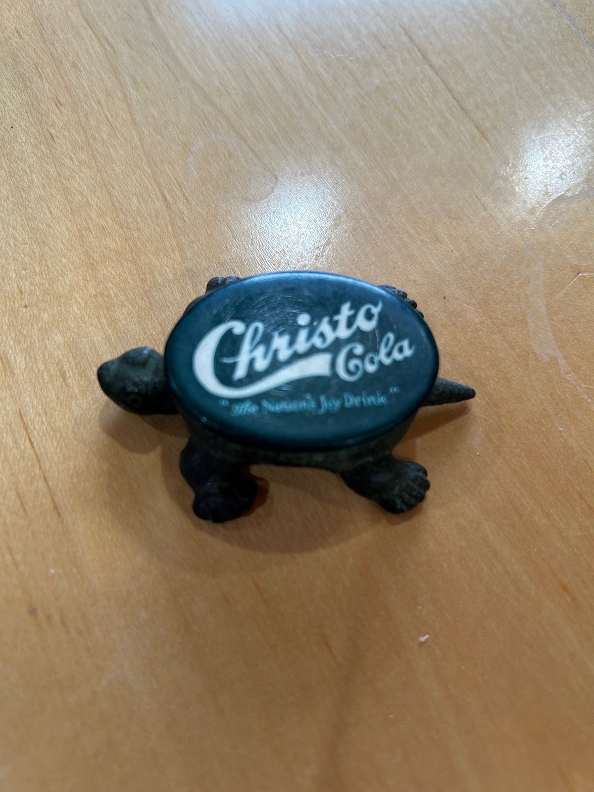 IRON TURTLE PAPERWEIGHT WITH CELLO "SHELL" ADVERTISING "CHRISTO COLA ...