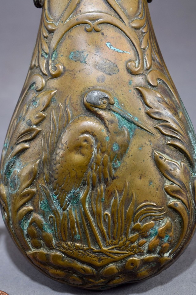 ANTIQUE COPPER BLACK POWDER GUN FLASK WITH HERON OR CRANE FOR PARTS ...