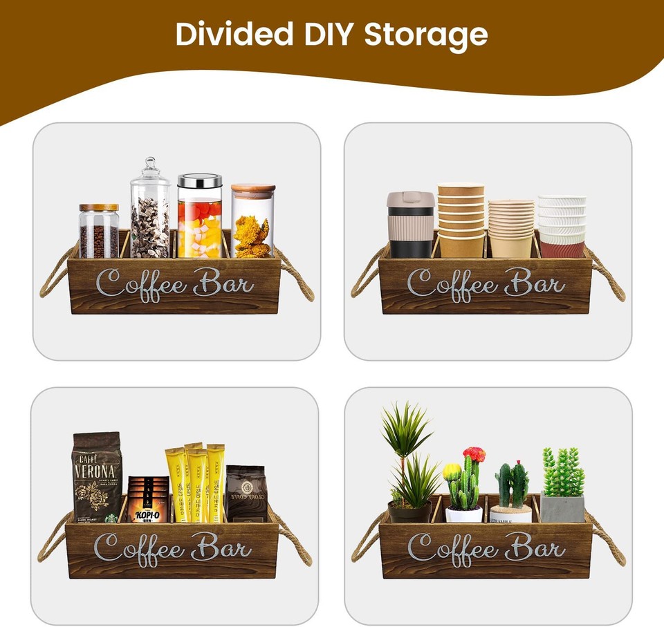 Wooden Coffee Station Organizer-3 Removable Dividers-Bar Accessories ...