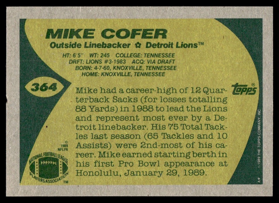 1989 Topps Mike Cofer Rookie Detroit Lions #364 | eBay