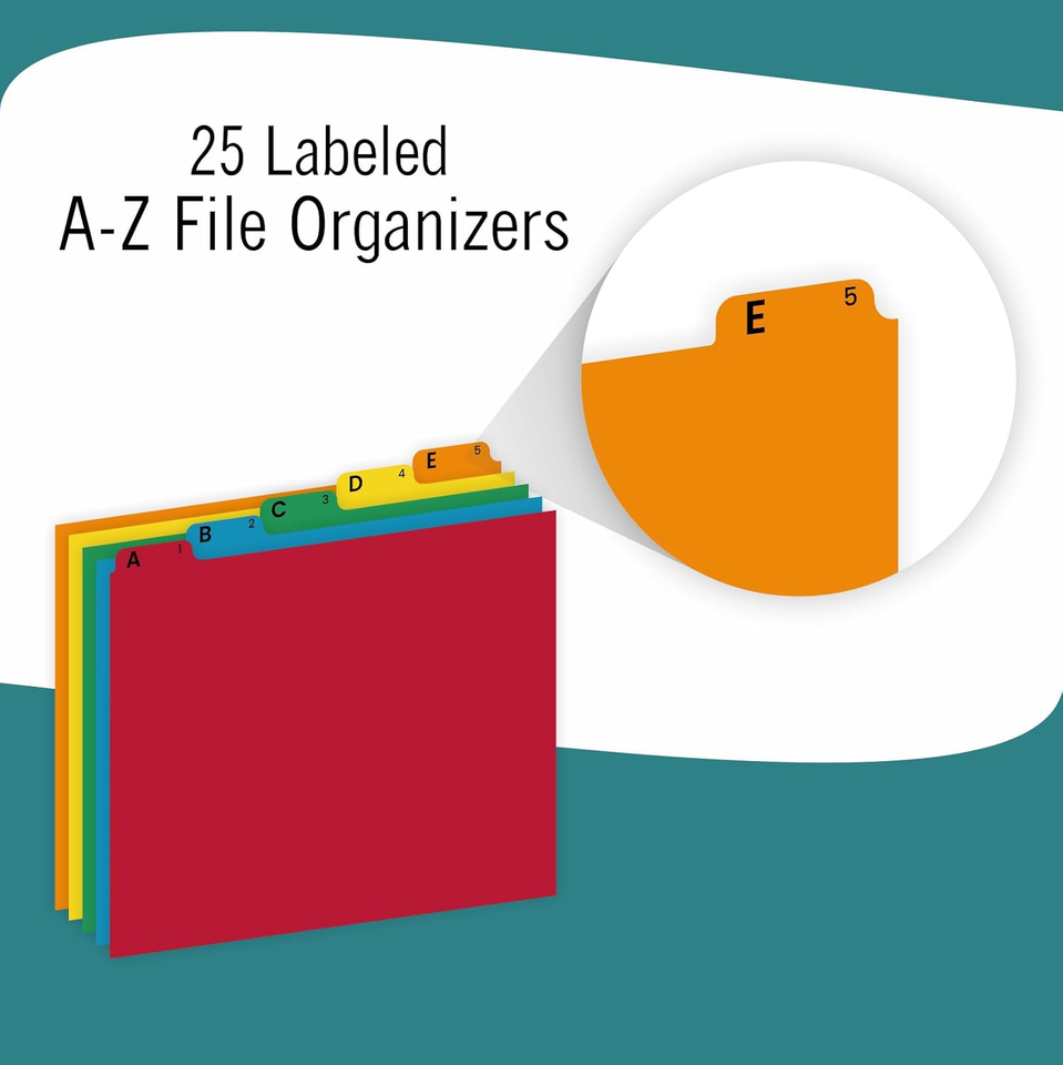 Alphabetical File Organizer Dividers A-Z 25 Tabs Letter Size Multi ...