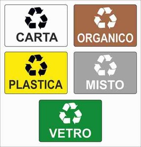 Set 5 ADESIVI Riciclaggio 180x120 mm. Carta Vetro Plastica Organico ...