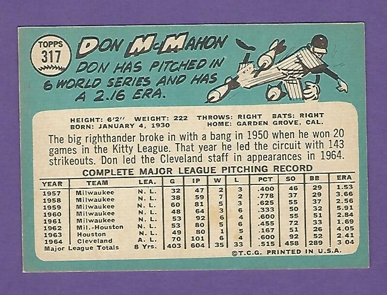 1965 Topps - #317 Don McMahon - Cleveland Indians - ExMt | eBay