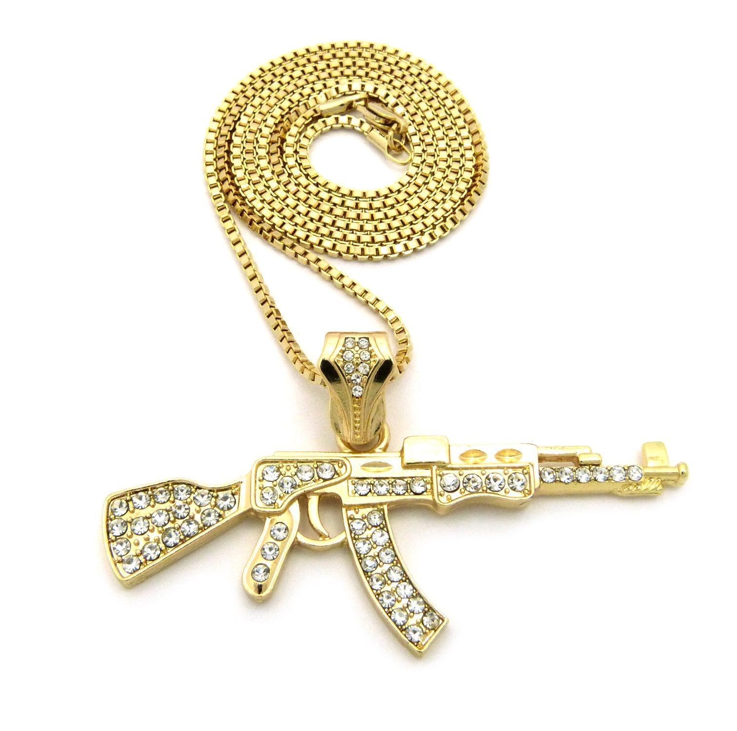 MENS SILVER MACHINE GUN AK47 CHOPPER PENDANT CUBAN CHAIN NECKLACE | eBay