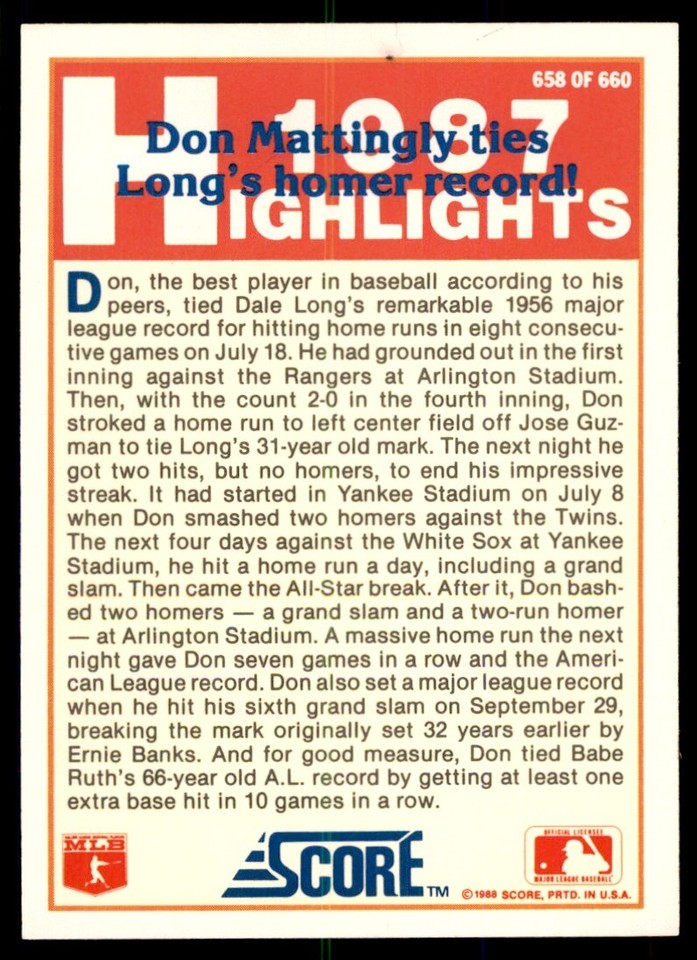 1988 Score Don Mattingly Baseball Cards #658 | eBay