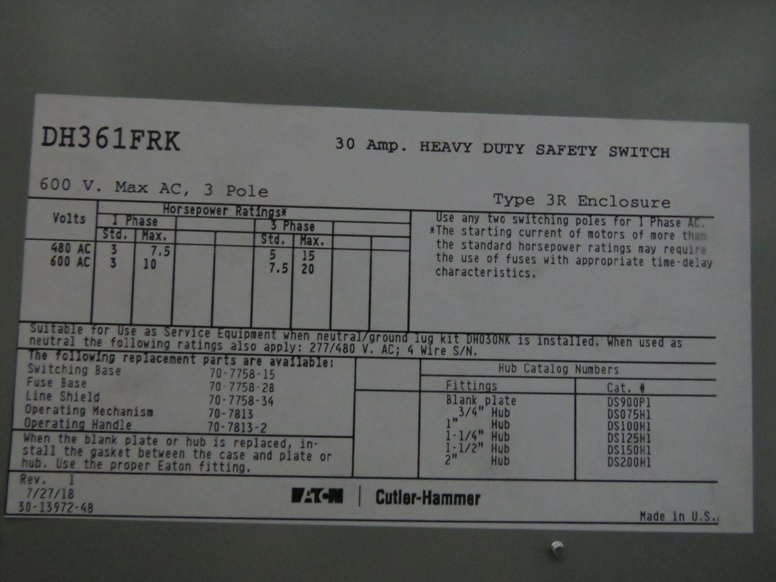 EATON DH361FRK HEAVY DUTY SAFETY SWITCH INTERRUPTOR 30 AMP NEW IN BOX ...