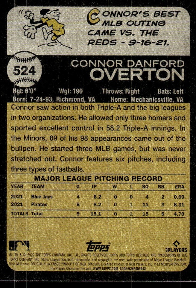 2022 Topps Heritage High Number Connor Overton Rookie Cincinnati Reds ...