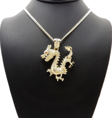 Icy Gold PT Dragon Pendant & 18" 20" 24" Cuban Rope Box Chain Hip Hop ...