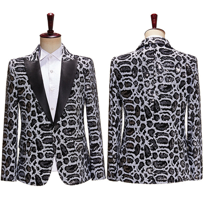 Men Leopard Pattern Sequins Tuxedo Jacket Suit Blazer Coat Wedding ...
