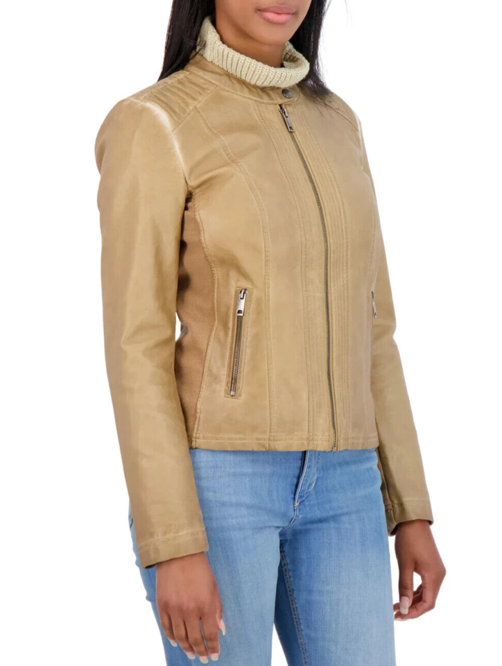 Sebby Collection Women's Light Taupe Faux-Leather Racing Jacket - Size ...