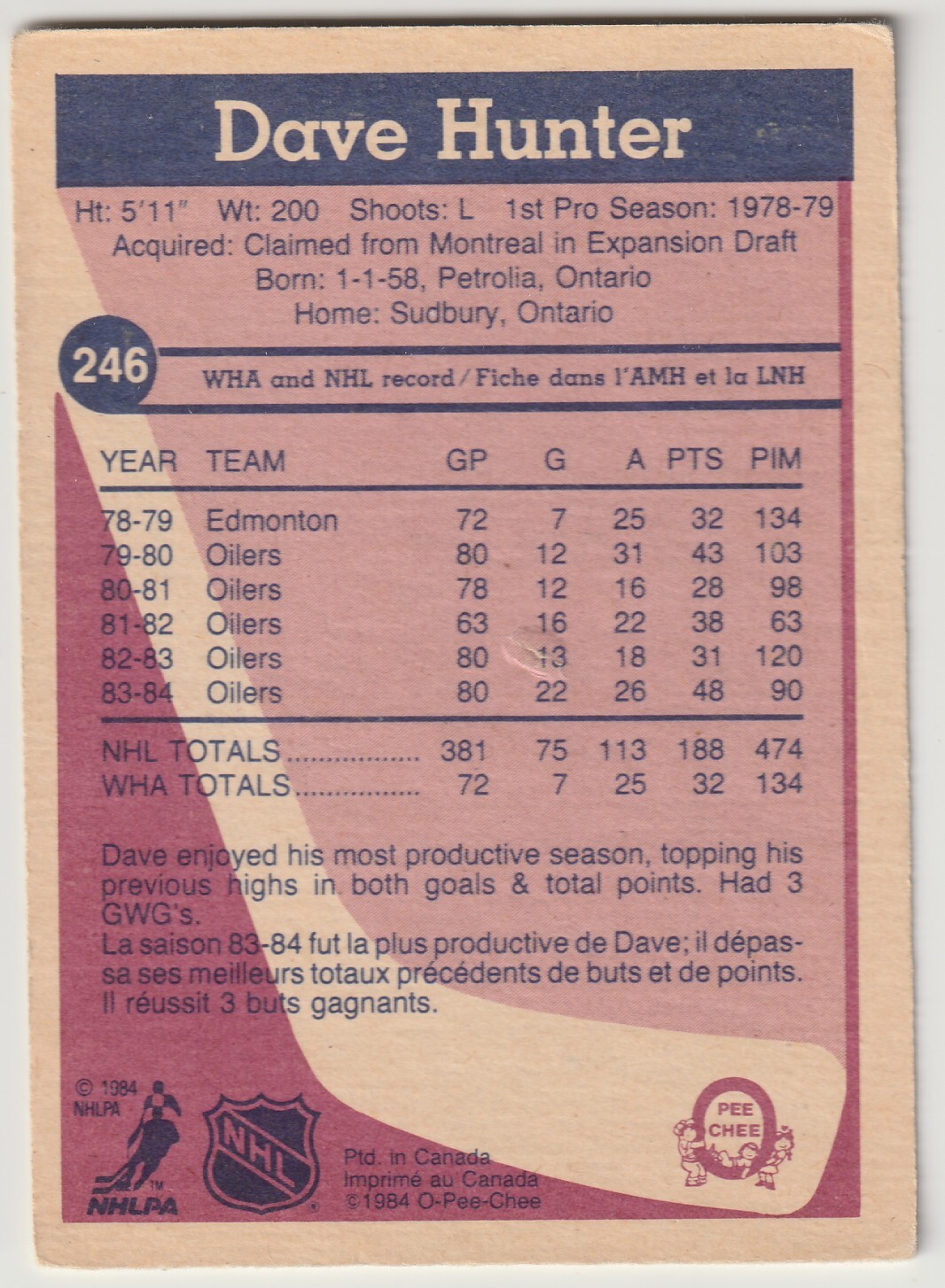 1984-85 OPC Dave Hunter Card #246 Edmonton Oilers | eBay