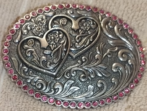 Cowgirls Western Oval Belt Buckle Double Hearts Pink Rhinestone Border ...
