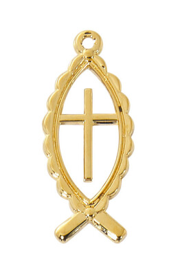Gold Toned Ithicus Fish with Cross Center Pendant Necklace on Plated ...