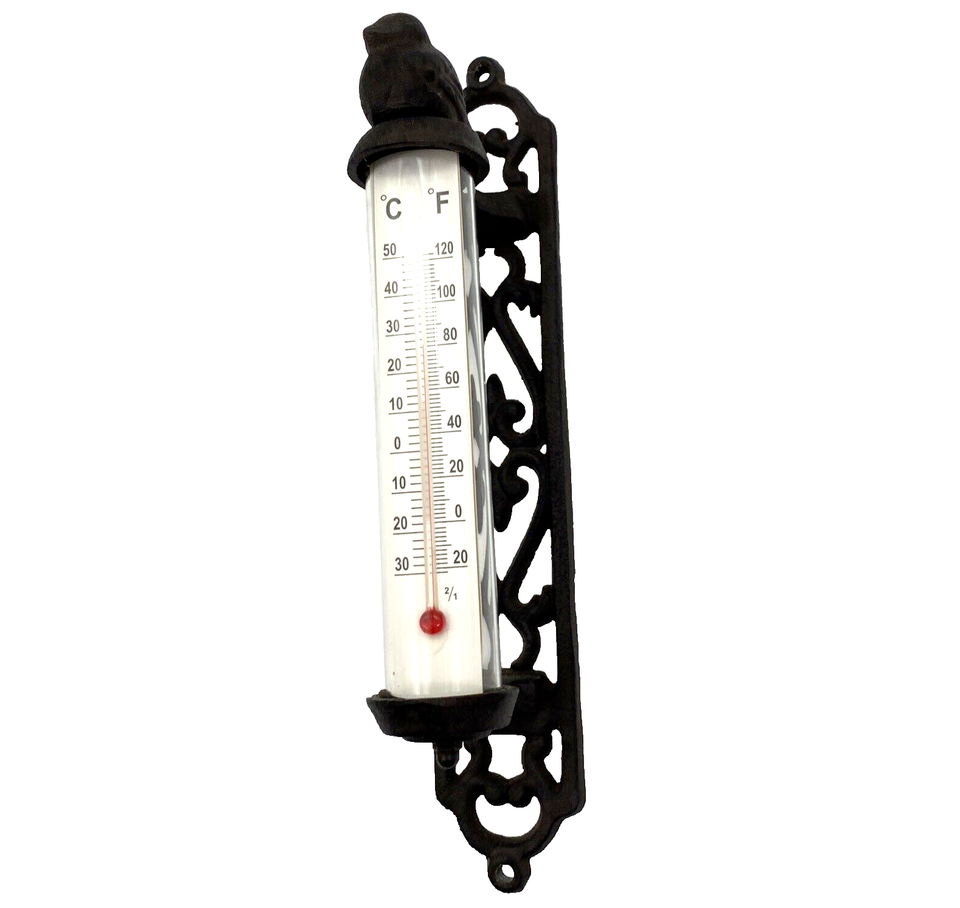 LARGE Cast Iron Outdoor Metal Bird Thermometer Garden Decor Vintage ...