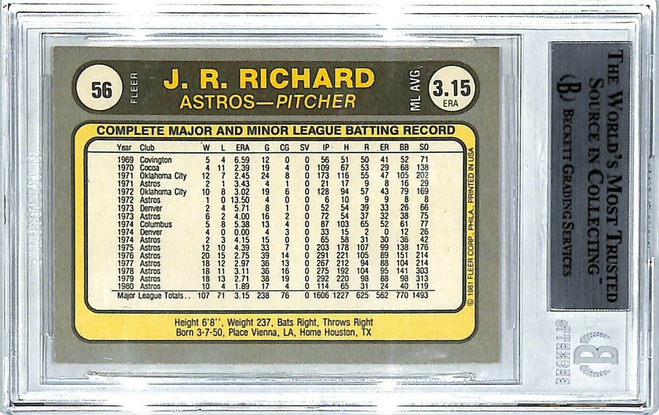J.R. RICHARD Signed 1981 Fleer Baseball Card "HOUSTON ASTROS" Beckett ...